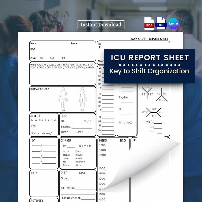 Editable ICU CCU Nurse Report Sheet, MS Word Nurse Brain, Intensive ...