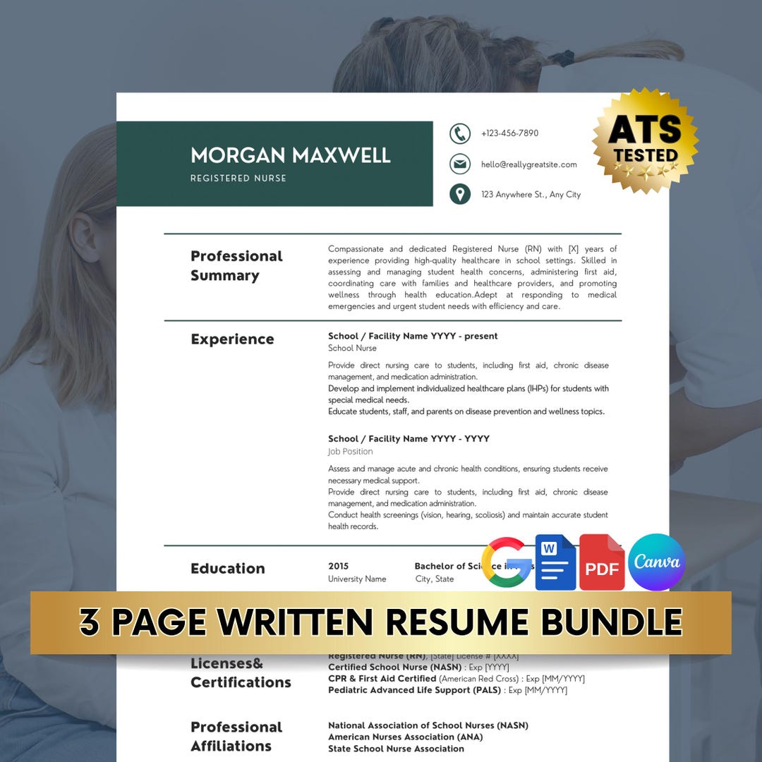 ATS Nurse Resume Template, Registered Nurse Resume Canva, Certified ...