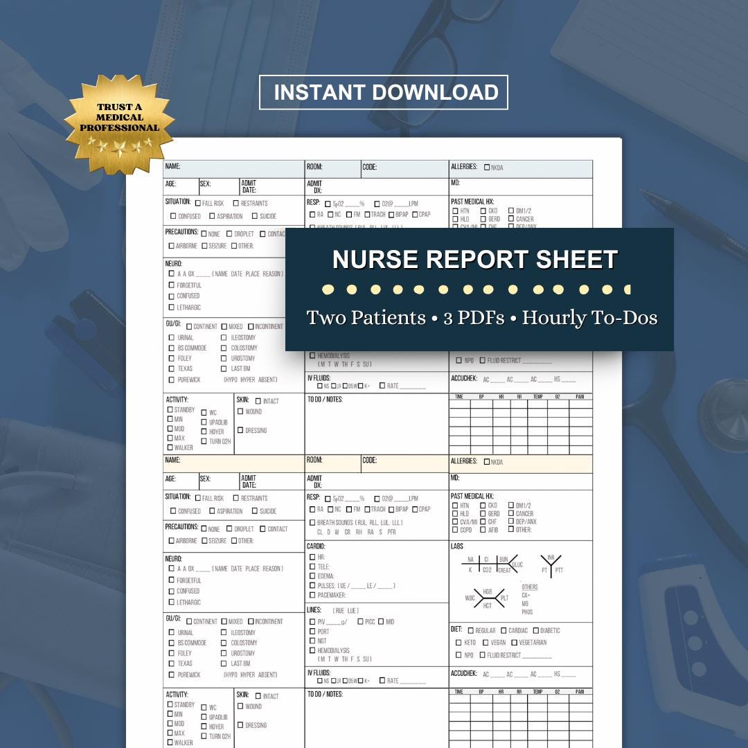 ICU Report Sheet, Editable ICU Nurse Report Sheet, Nurse Brain Sheet ...