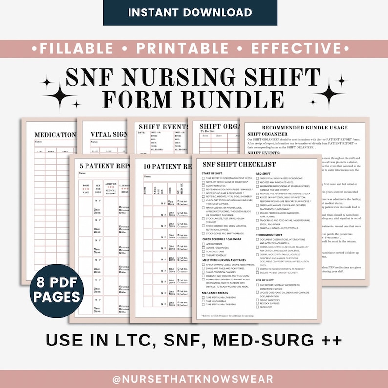 Skilled Nursing Facility PDF Form Bundle, SNF Nurse Shift Organization Task Forms, Patient ...