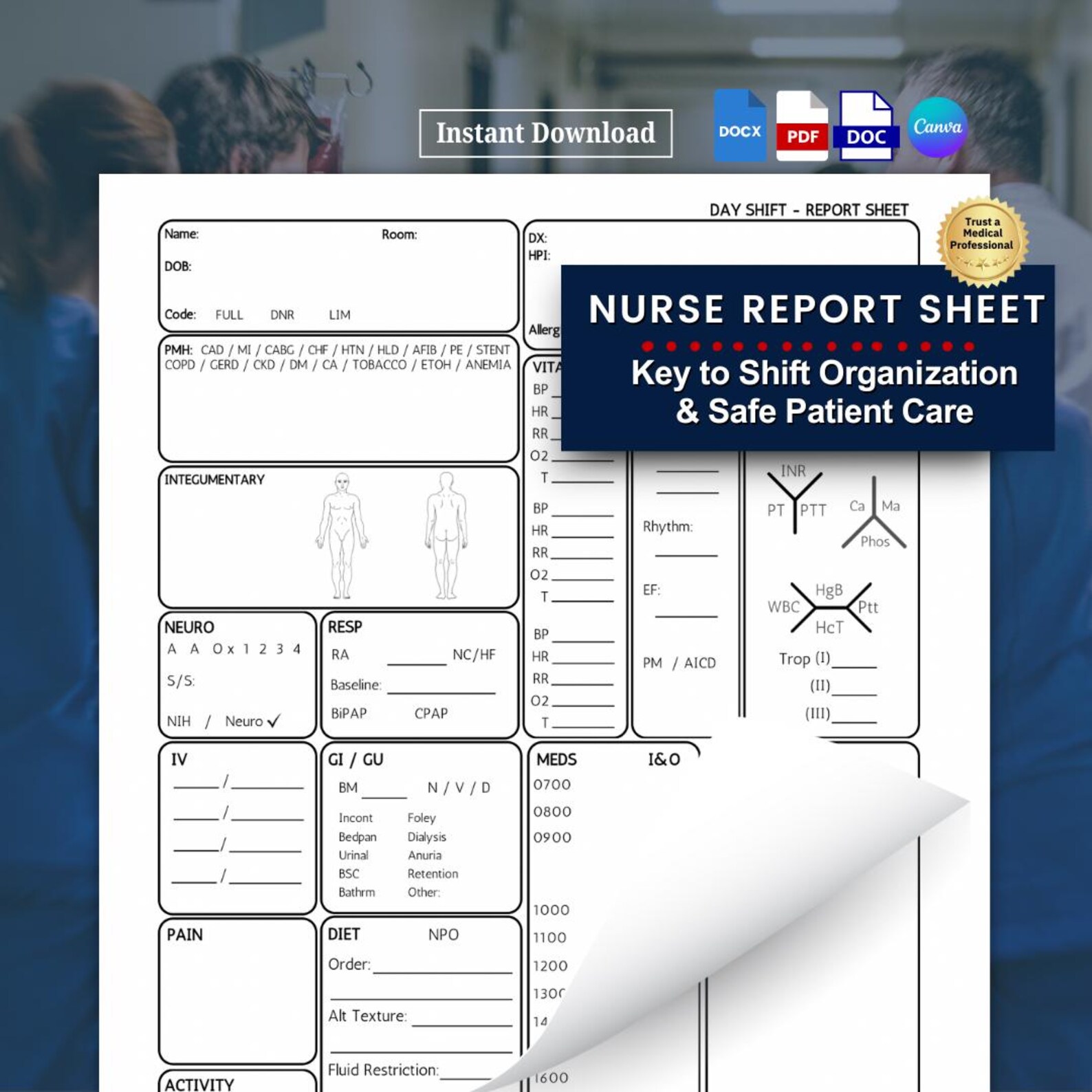 Nursing Report Sheet, Nurse Brain Sheet, RN Handoff Tool, Nurse Report ...