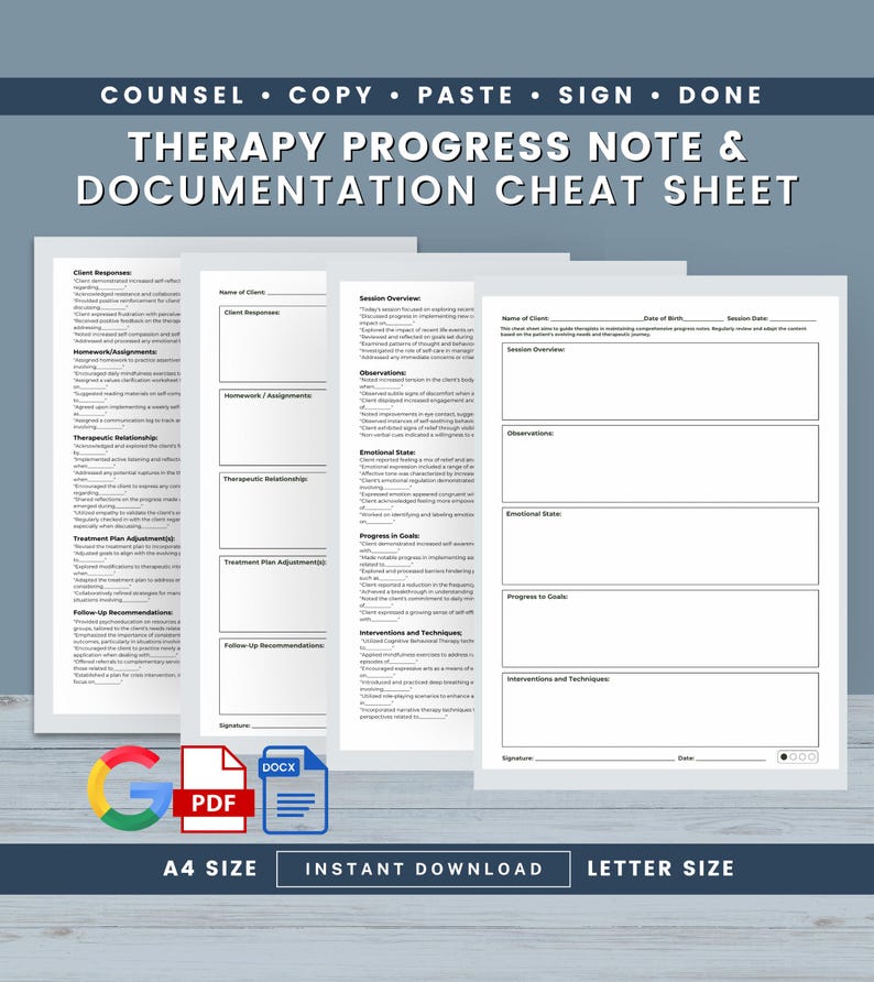 Therapy Progress Note Cheat Sheet, Counselor Treatment Plan ...