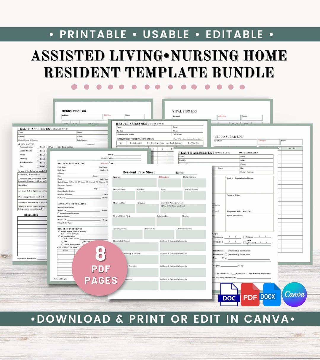 Editable Nursing Home Intake Assessment & Resident Face Sheet, Assisted ...
