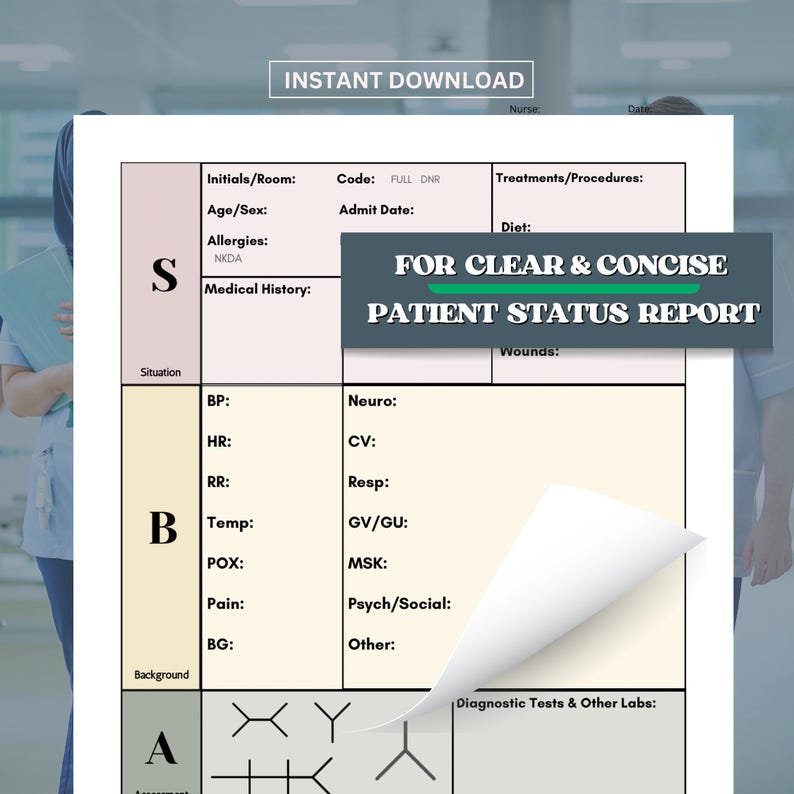SBAR Nursing Brain Sheet, Printable SBAR Patient Report Form, Student Nurse Patient Care Study ...
