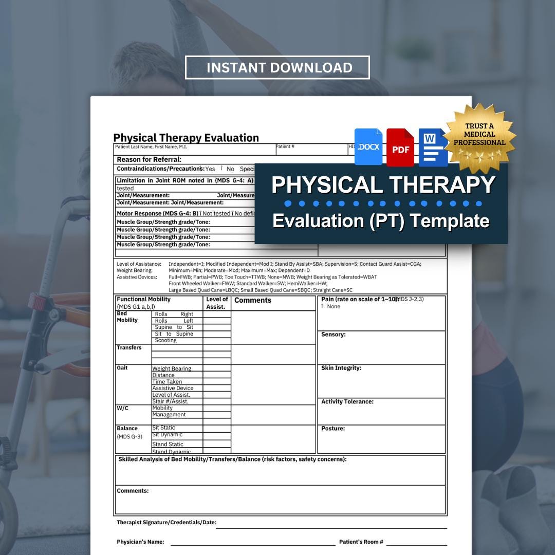 Physical Therapy Evaluation Template, PT Assessment Note, Physical ...