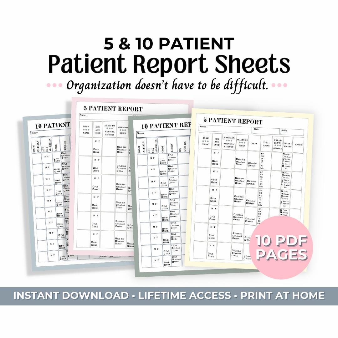 5 & 10 Patient Nurses Shift Report Sheet, Nursing Activity Event ...