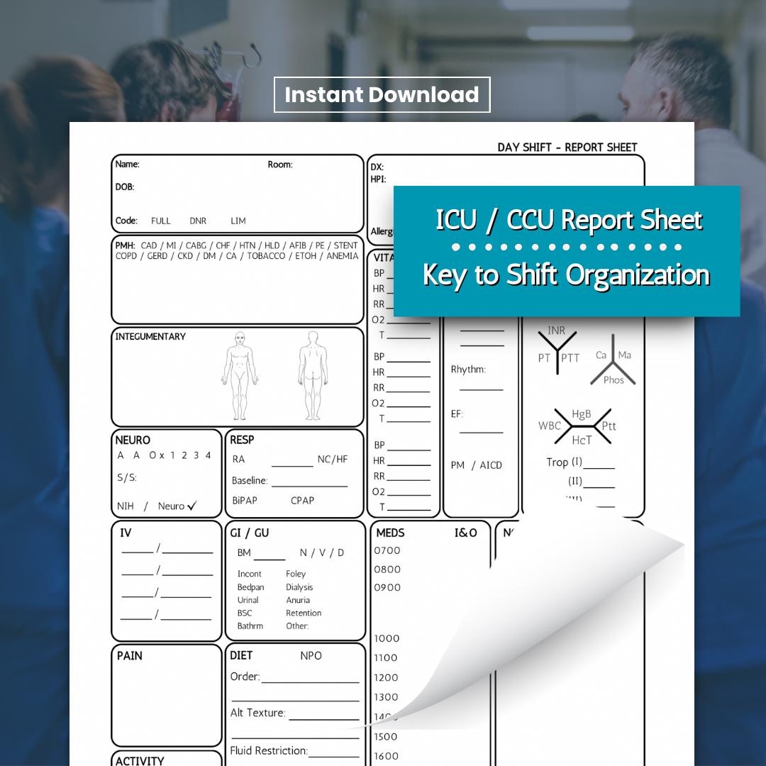 Printable Nursing Report Sheet, ICU Nurse Brain Sheet, Intensive Care ...
