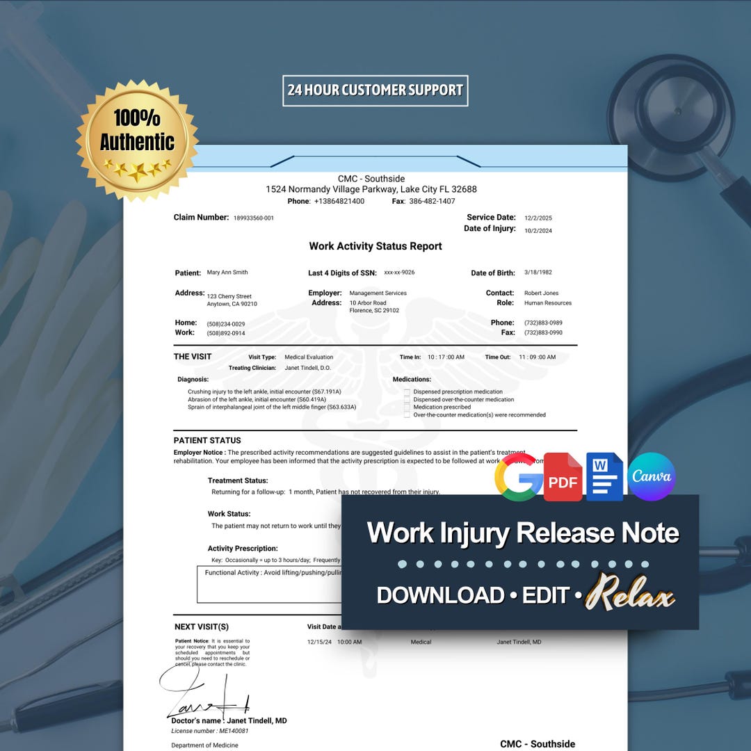 Signed Doctors Work Release Note, Editable Work Injury Note, Doctors ...
