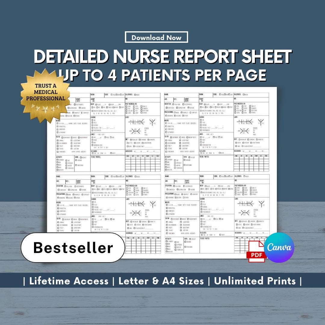 Hoja de informe de enfermería para 4 pacientes, hoja de informe de ...