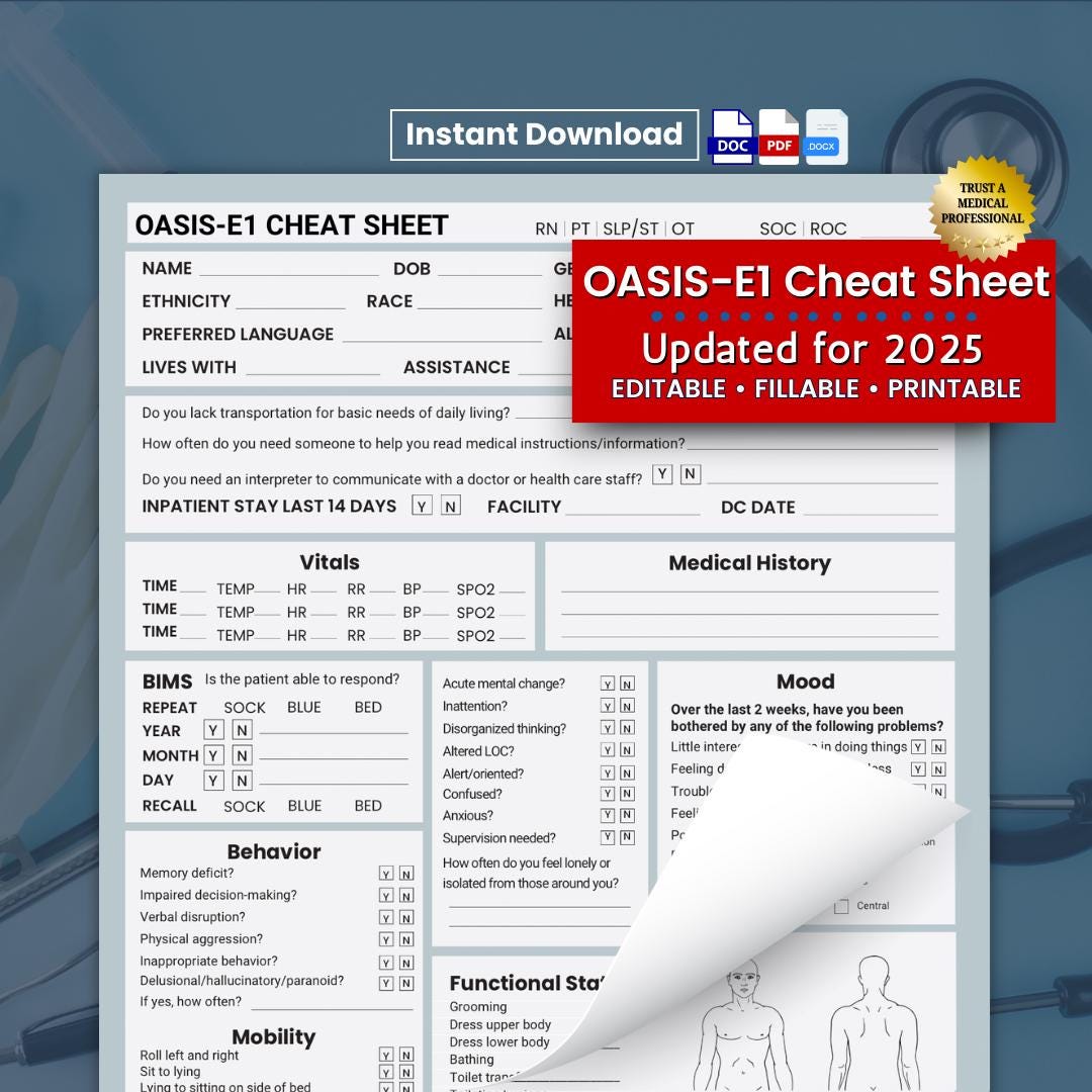 OASIS-E1 Updated Cheat Sheet, Start of Care Template, OASIS E Visit SOC ...