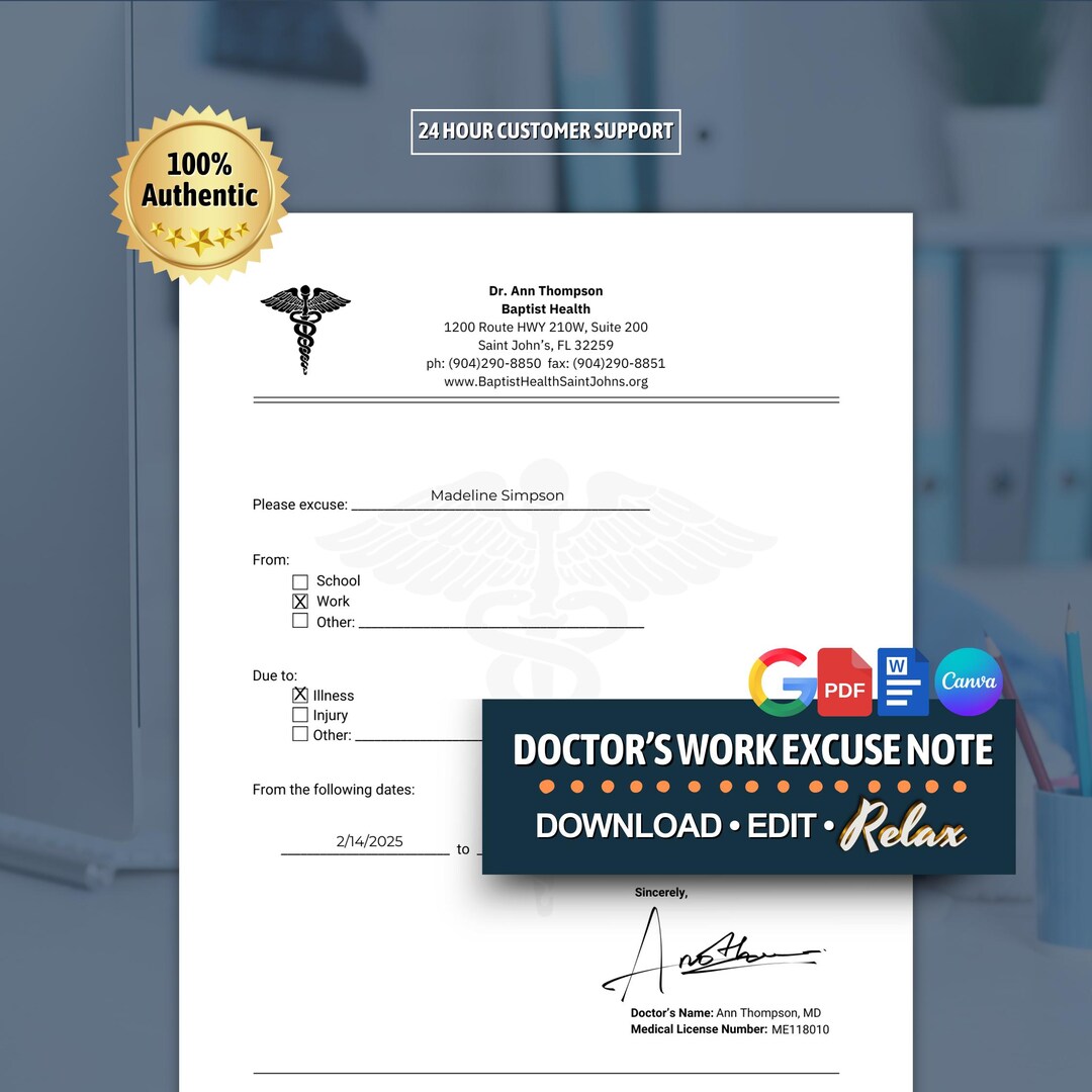 Editable Doctors Excuse Note for Work, Signed Doctors Note, Drs Work ...