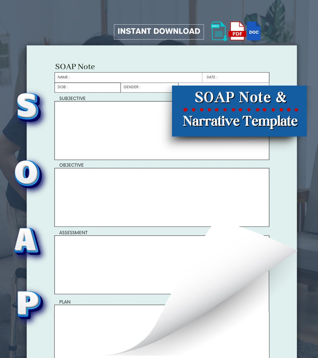 SOAP Note Template & Narrative Forms, Printable Simple Therapy Session ...