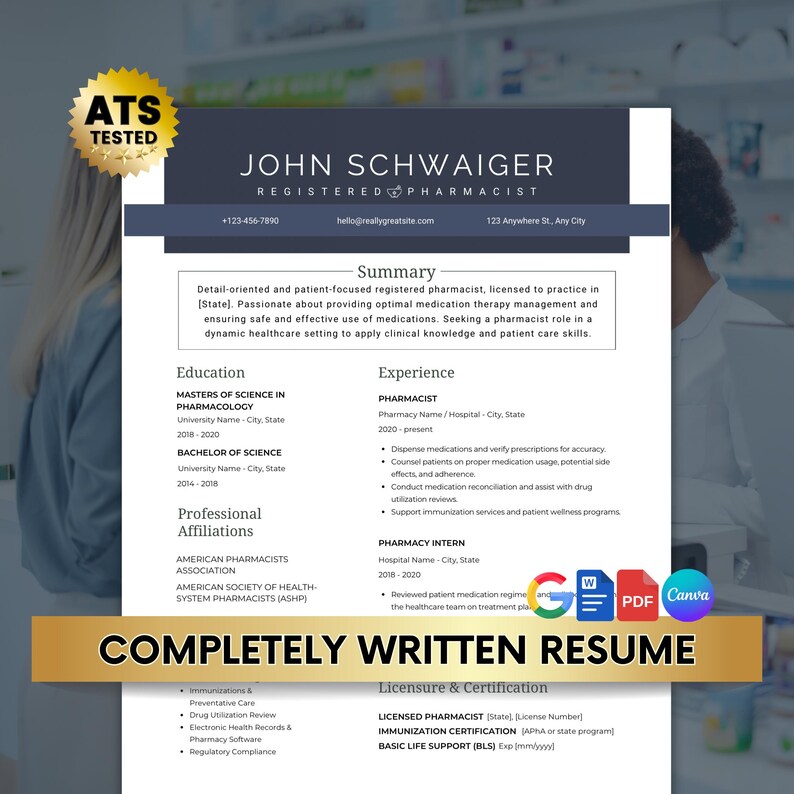 Medical Resume Template, ATS Pharmacy Resume Cover Letter Word ...