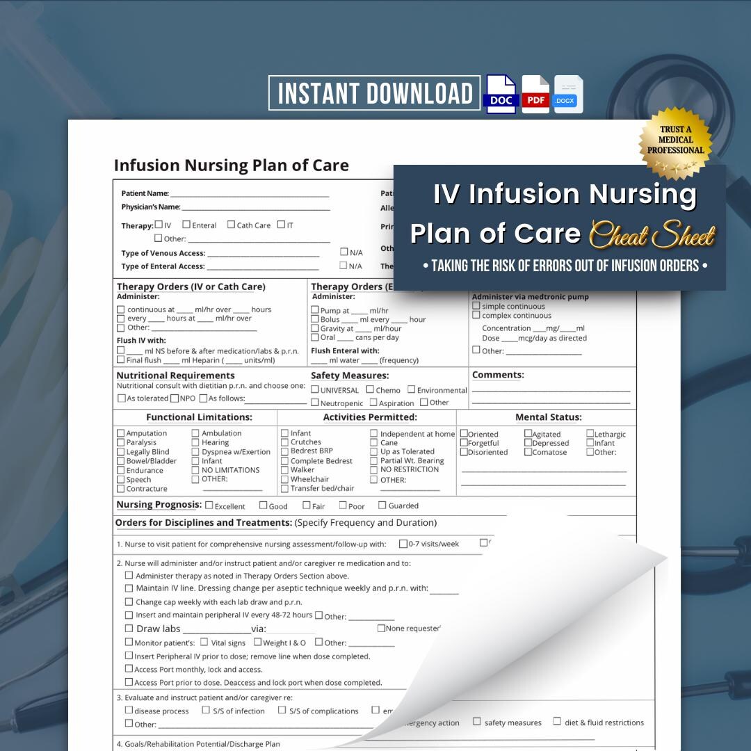Infusion Nurse Plan of Care Template, Home Health Nurse IV Intravenous ...