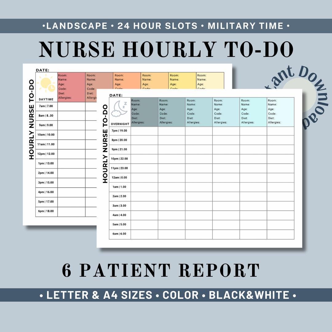 6 Patient Nurse Report Sheet, Nursing Hourly to Do Activity Planner ...