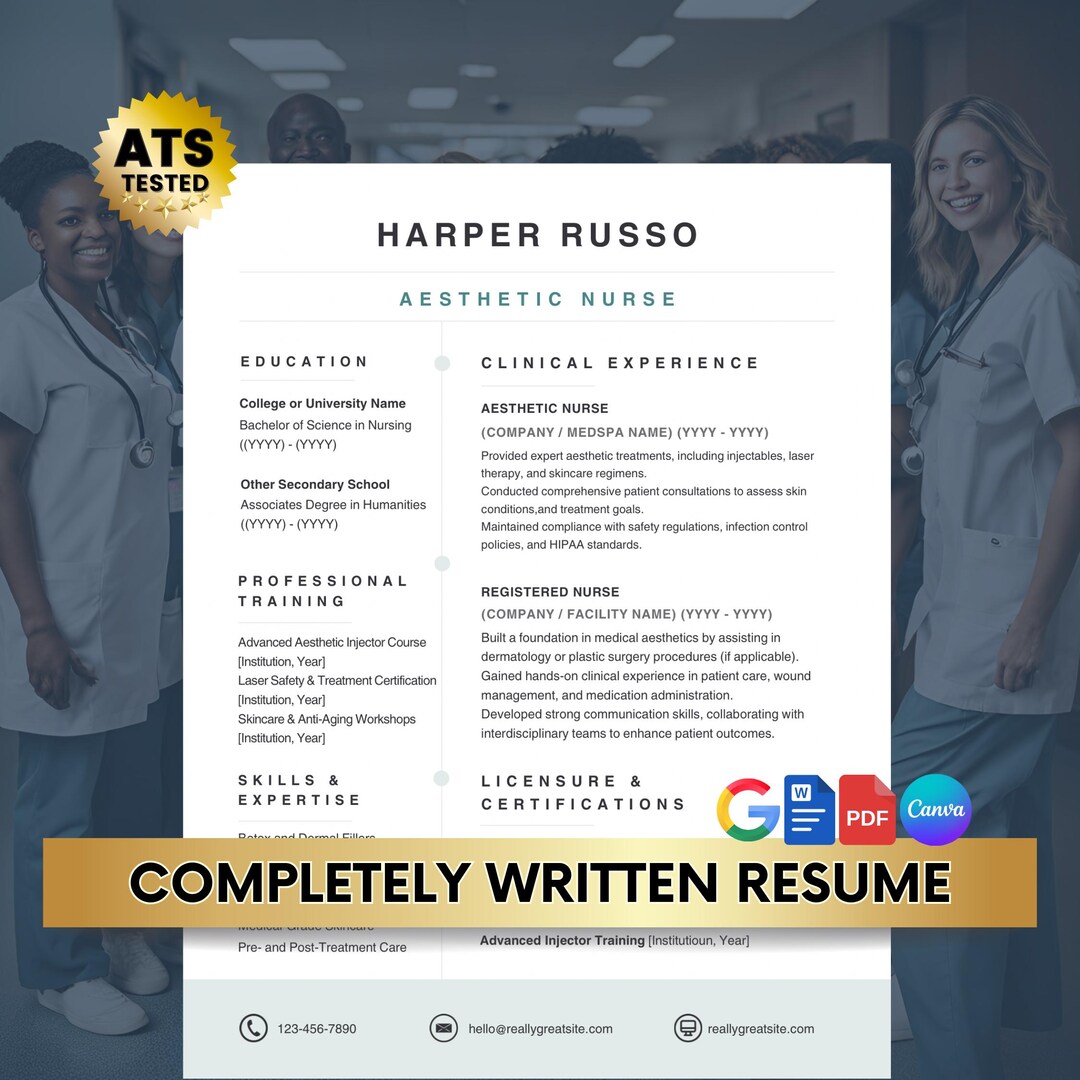 Aesthetic Nurse Resume, Botox Nurse Resume Template, Editable Dermal ...