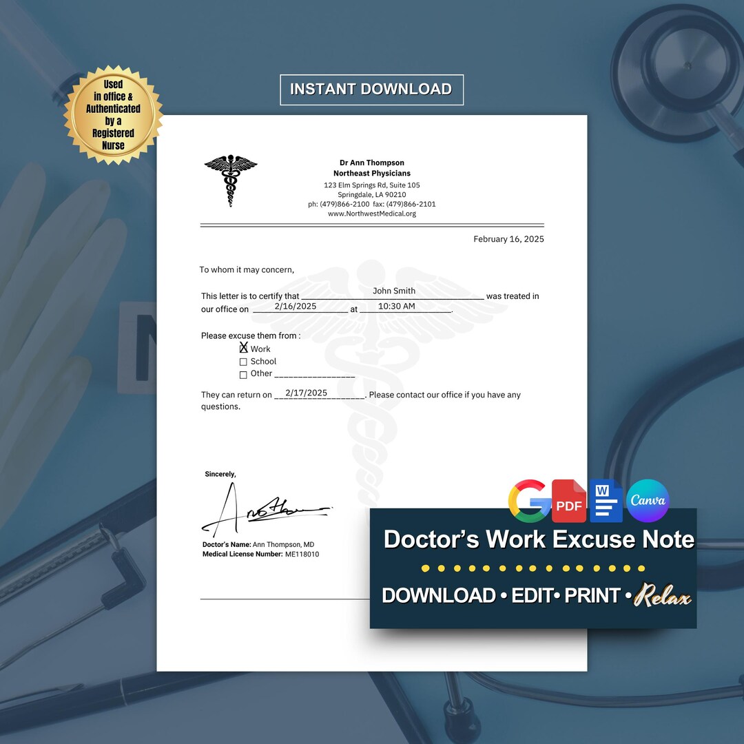 Doctor Note With Signature Editable, Doctors Work Excuse Note, Doctor’s ...