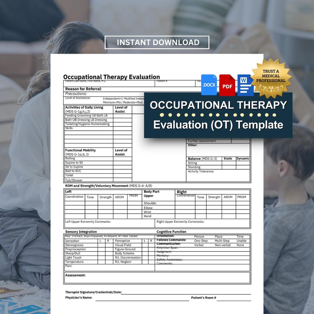 Occupational Therapy Evaluation Template, OT Assessment Note, Hand ...