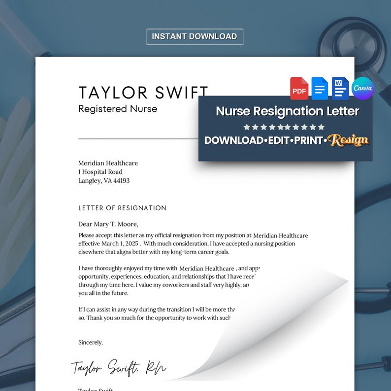 Nurse Resignation Letter Template, Editable Nursing Quit Job Form ...