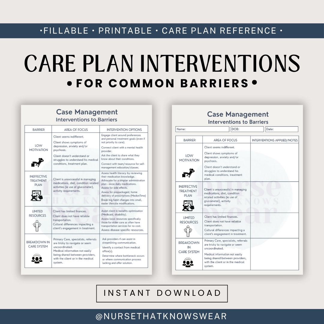 Case Manager Interventions to Barriers Guide, Nurse Case Manager Care ...