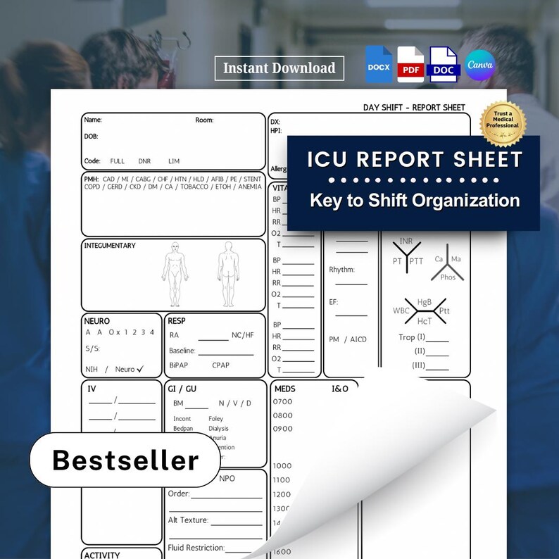 Editable ICU Nurse Report Sheet Med Surg, Nursing Report Sheet Nurse ...
