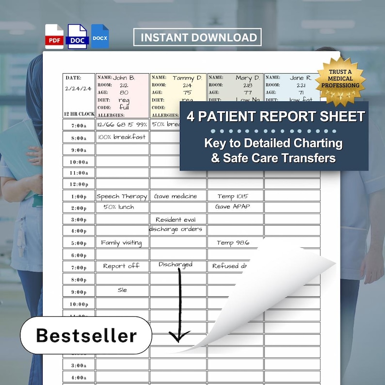 4 Patient Report Sheet Nursing, Four Patient Hourly to Do, Nurse Shift ...