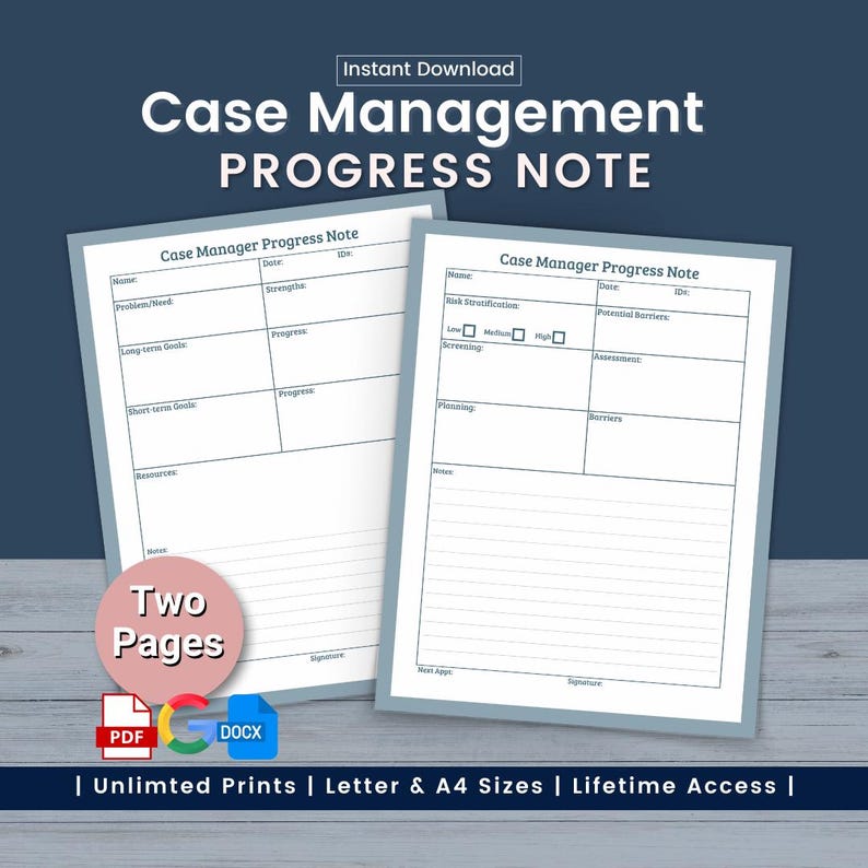 Case Management Progress Note, Social Worker Client Session Form ...