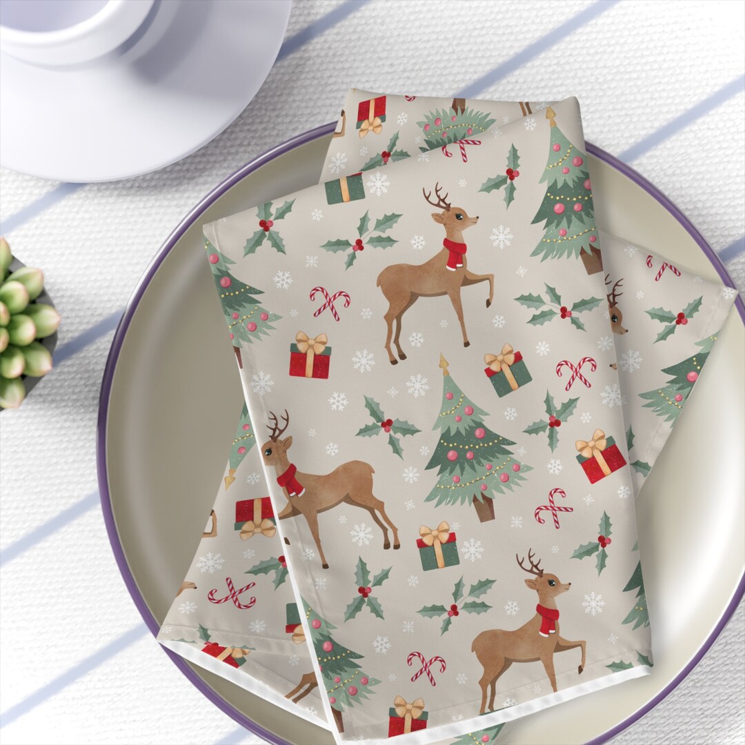 Retro Christmas Party Napkinsvintage Reindeer and Christmas Tree With ...