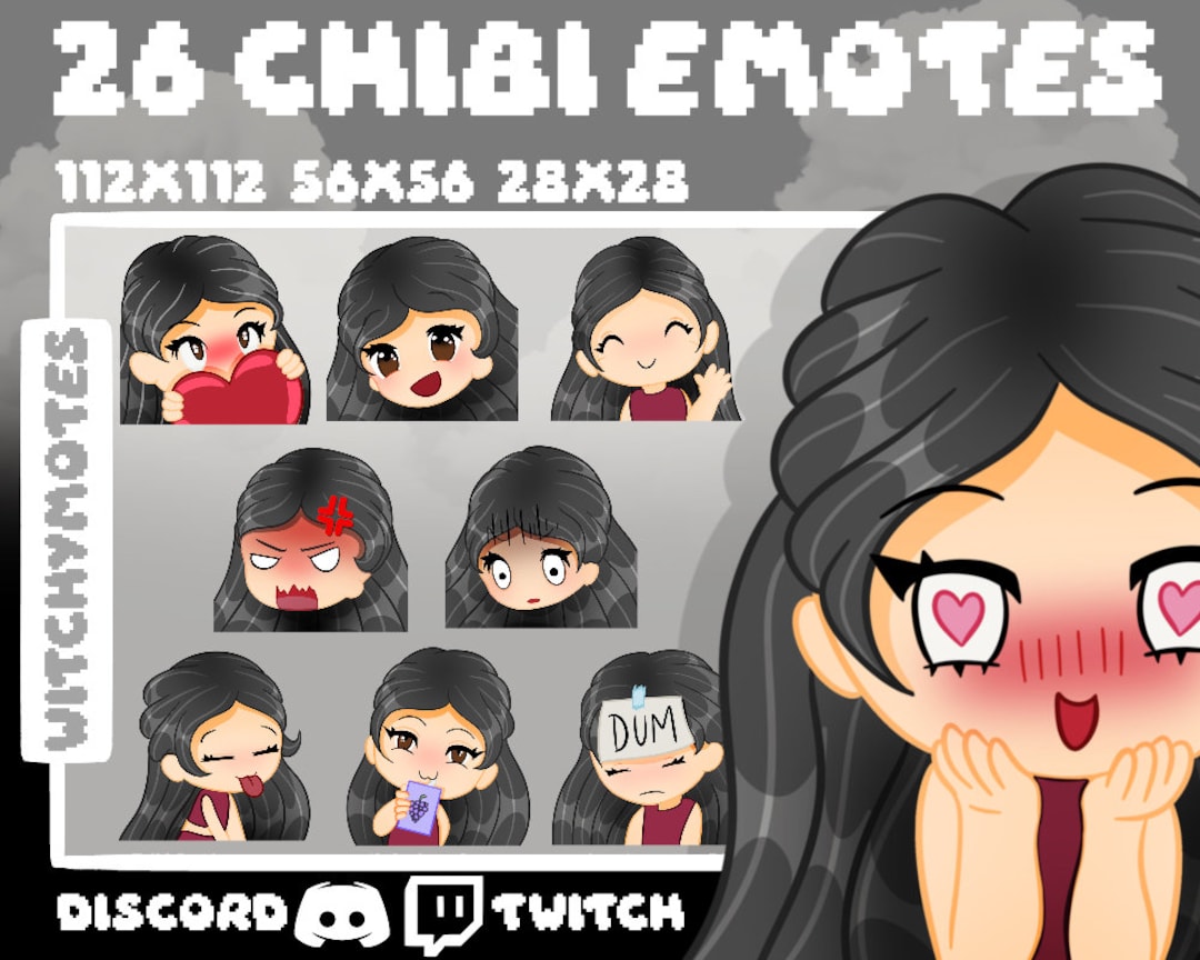 Twitch Discord Emotes 26 Pack Cute Black Hair Emoji For Streamers Stickers Logo Branding With