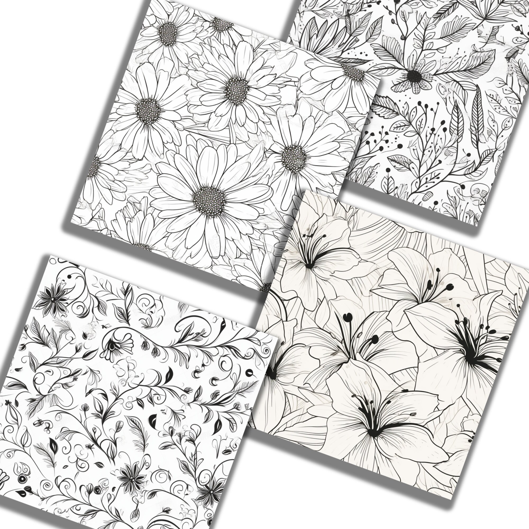 Floral Line Art Digital Paper, Seamless Pattern, Flower Prints, Floral ...