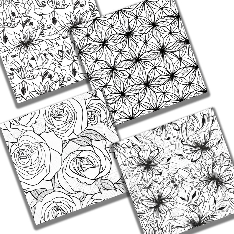 Floral Line Art Digital Paper, Seamless Pattern, Flower Prints, Floral ...