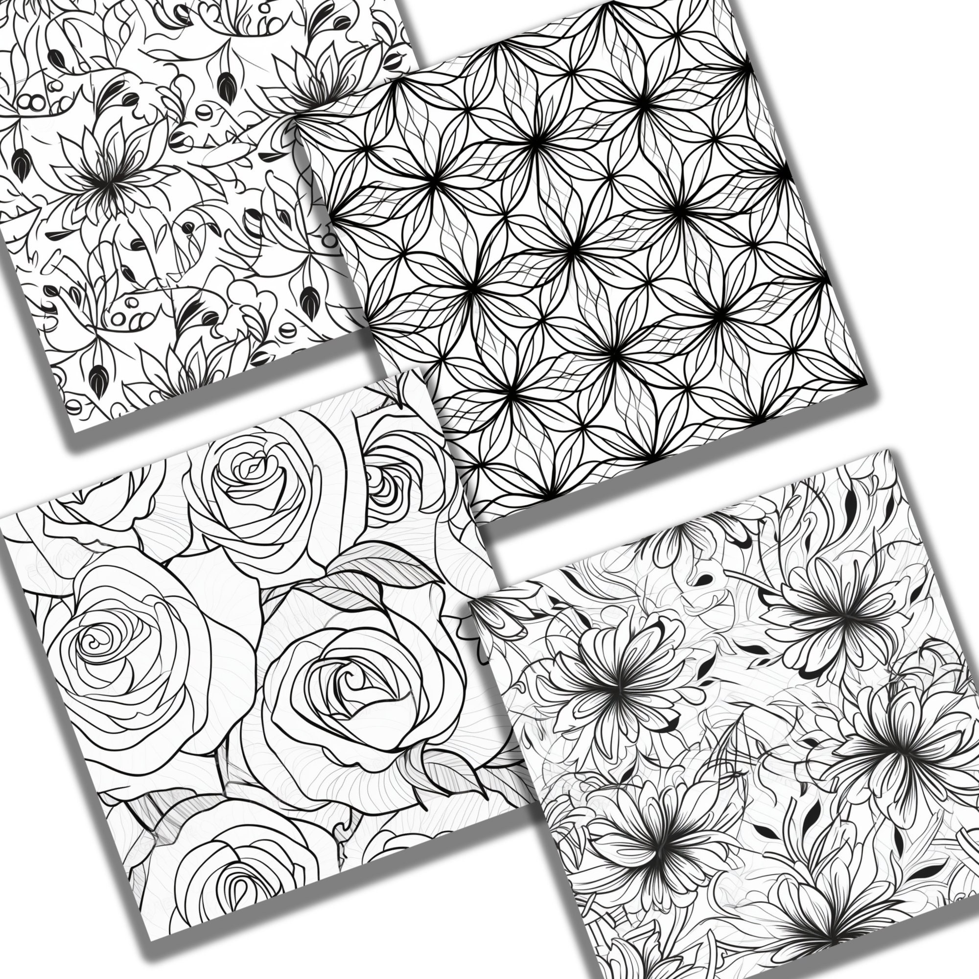 Floral Line Art Digital Paper, Seamless Pattern, Flower Prints, Floral ...