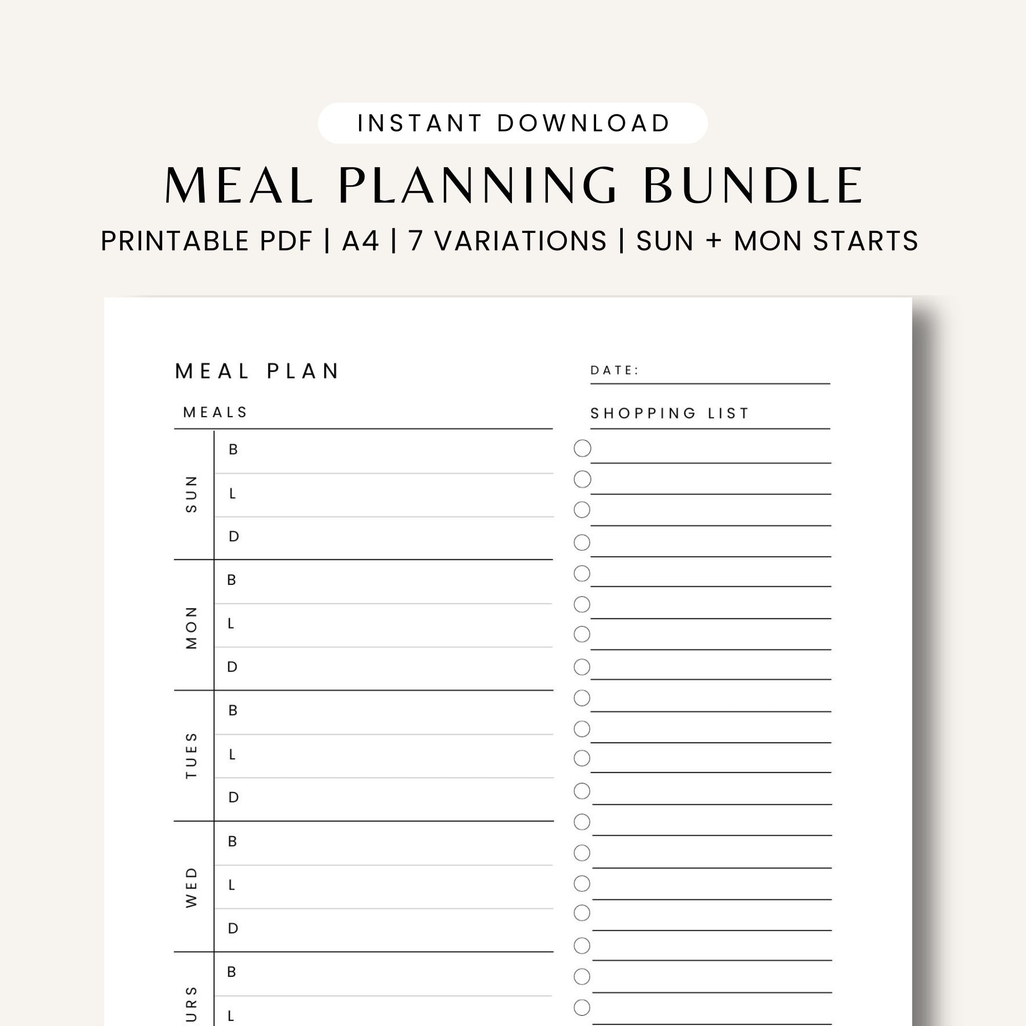 Minimalist Meal Planner Printable Food Plan Template Grocery Shopping ...