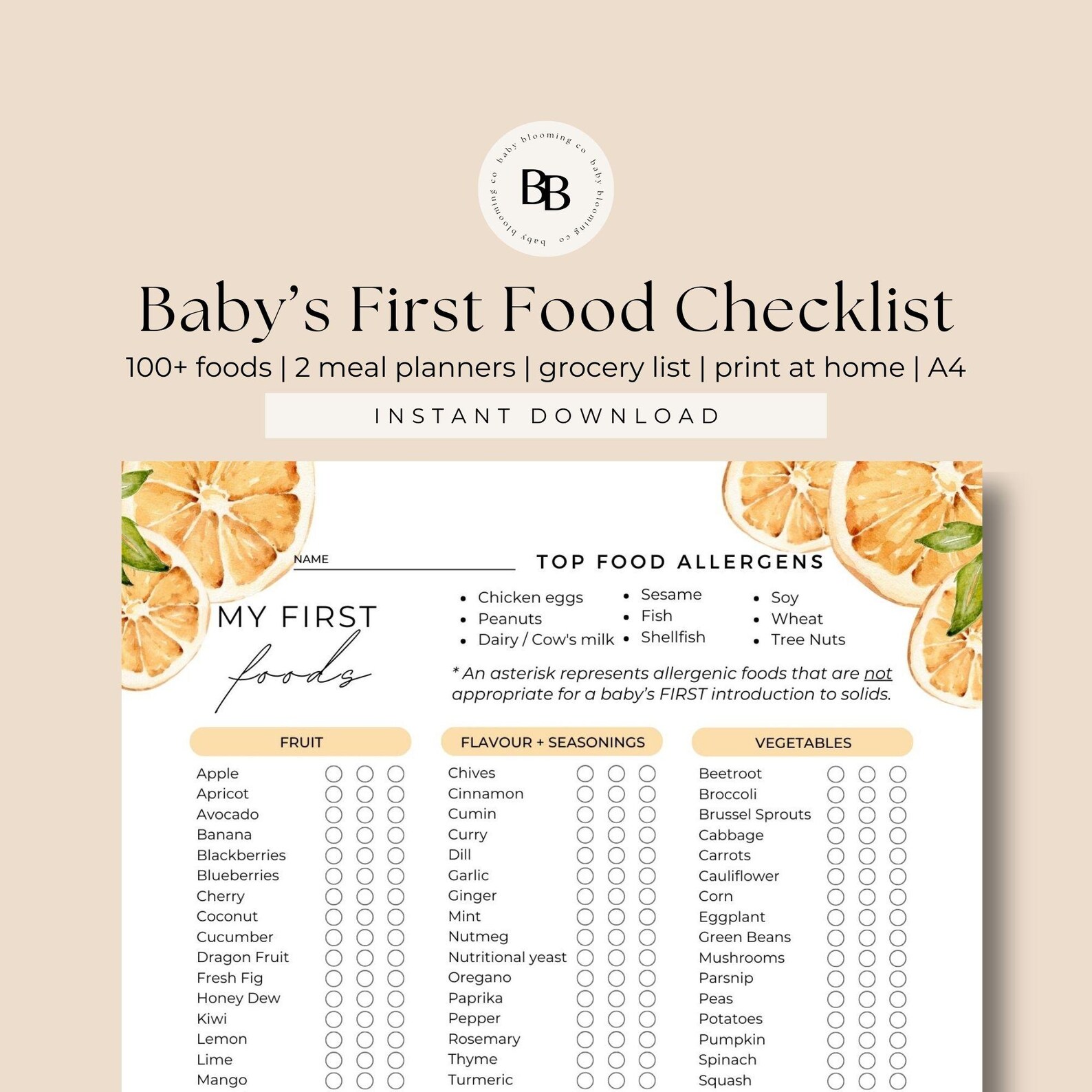 Baby’s First Foods Checklist BLW Food Introduction Tracker Starting ...