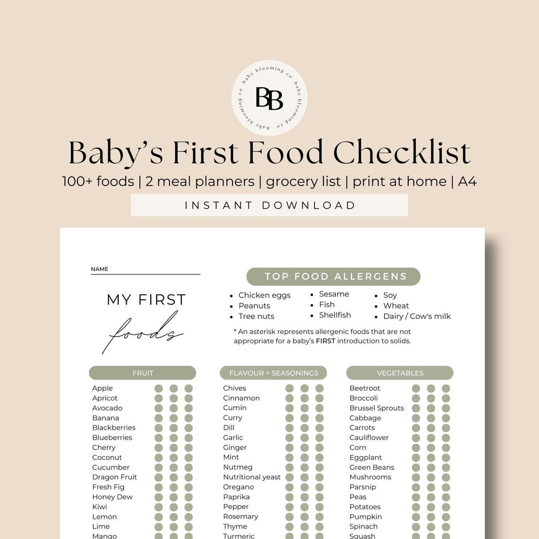 Baby First Foods Checklist Baby Led Weaning Planner Babies First Food ...