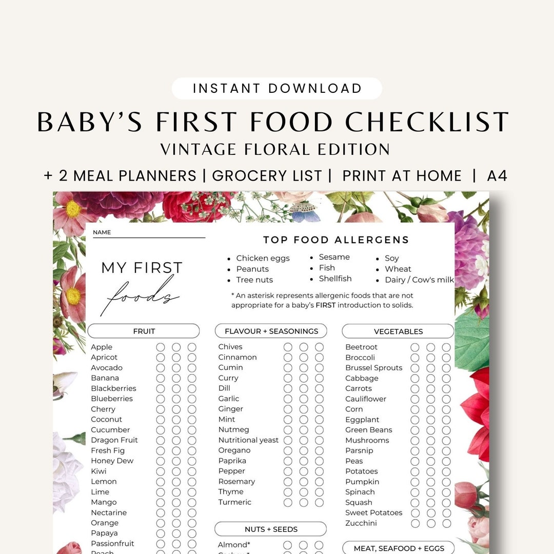 101 Before One Baby Food Tracker Vintage Floral First Food Checklist ...
