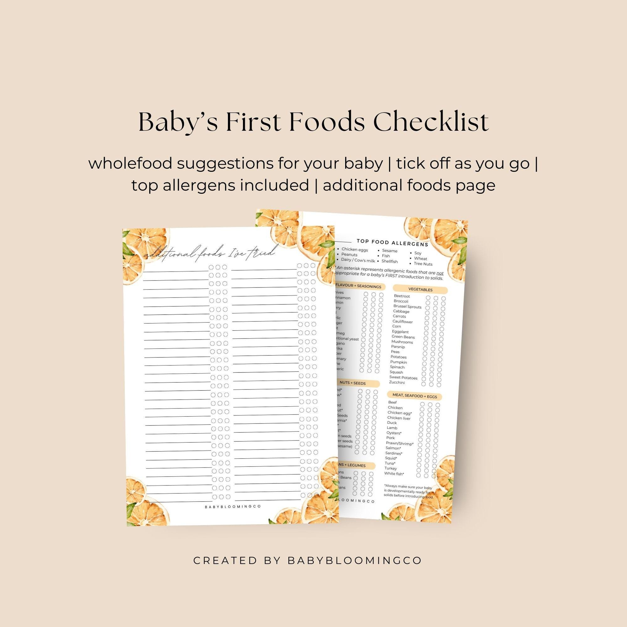 Baby’s First Foods Checklist BLW Food Introduction Tracker Starting ...