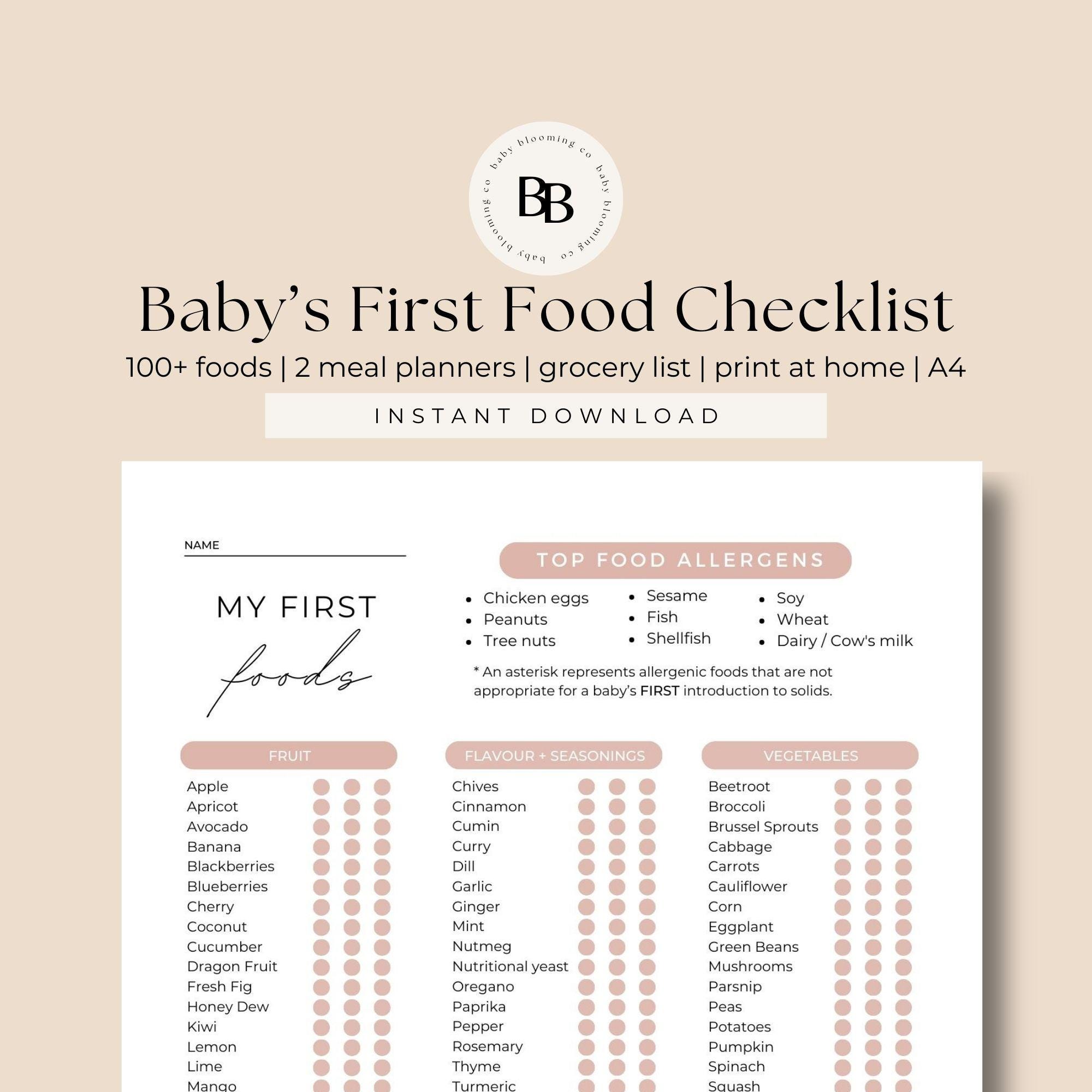 Baby 1st Foods Checklist Baby Led Weaning Guide Starting Solids First ...