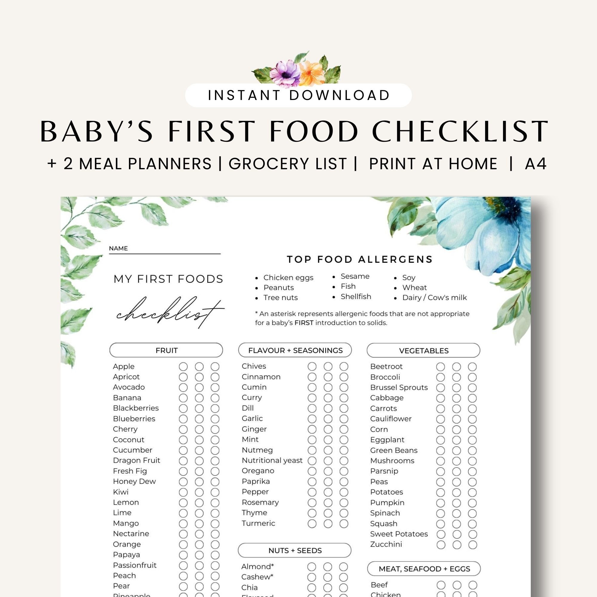 Printable Baby Meal Planner Baby Food Tracker First Food Checklist Baby ...