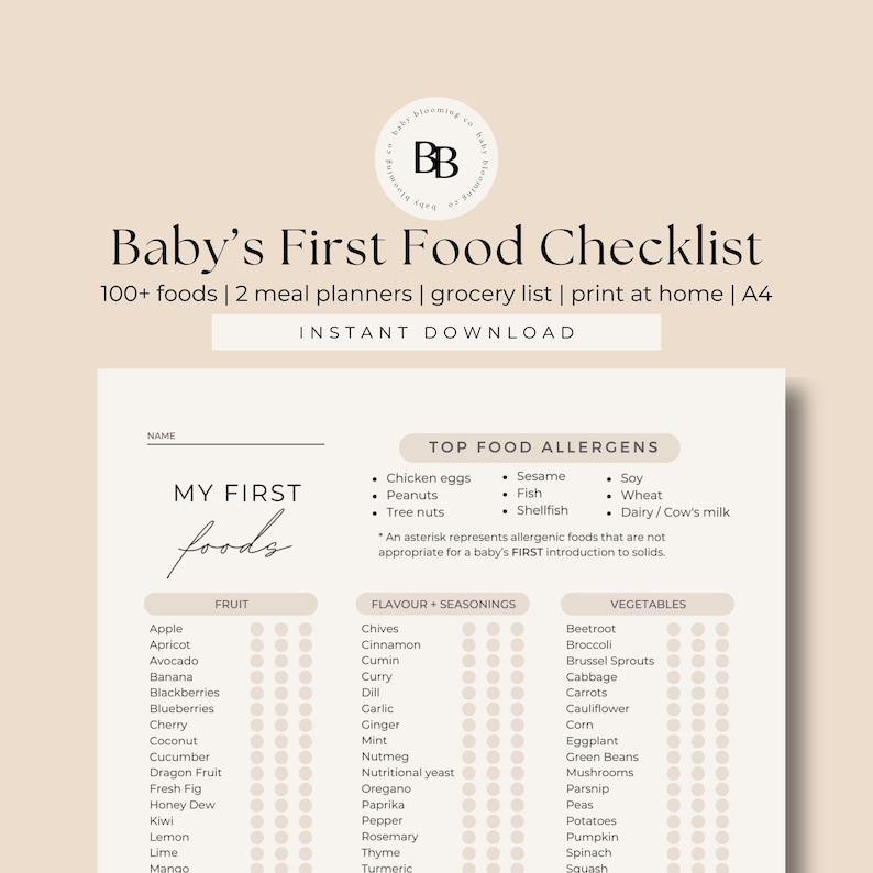 Baby First Food Chart Meal Plan PDF Neutral Baby Food Tracker Starting ...