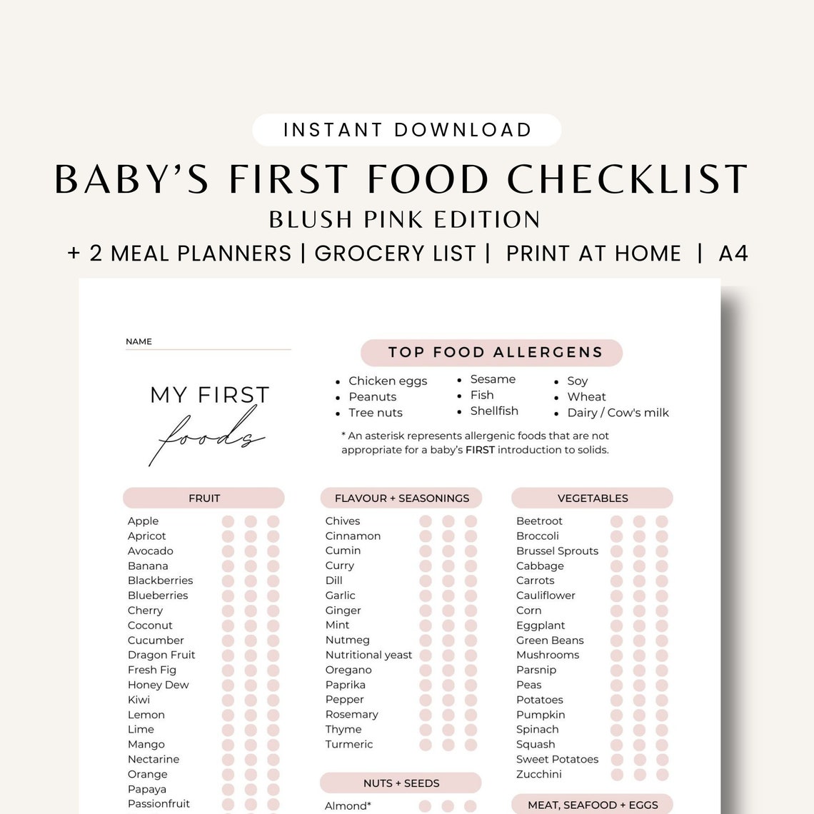 101 Foods Before One Baby First Food Checklist Blush Pink Baby Food ...