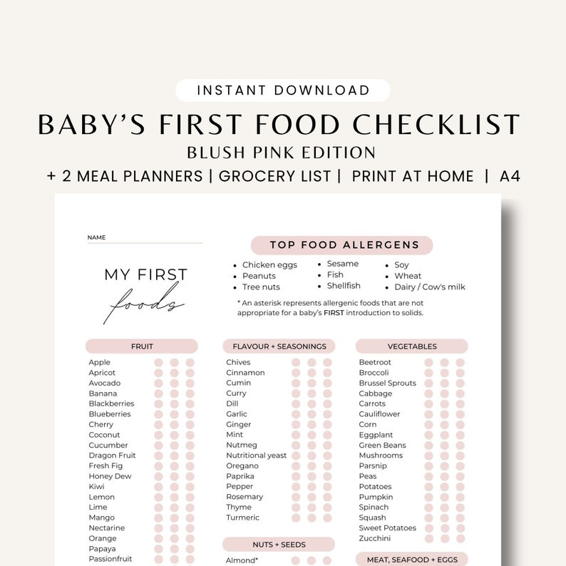 101 Foods Before One Baby First Food Checklist Blush Pink Baby Food ...
