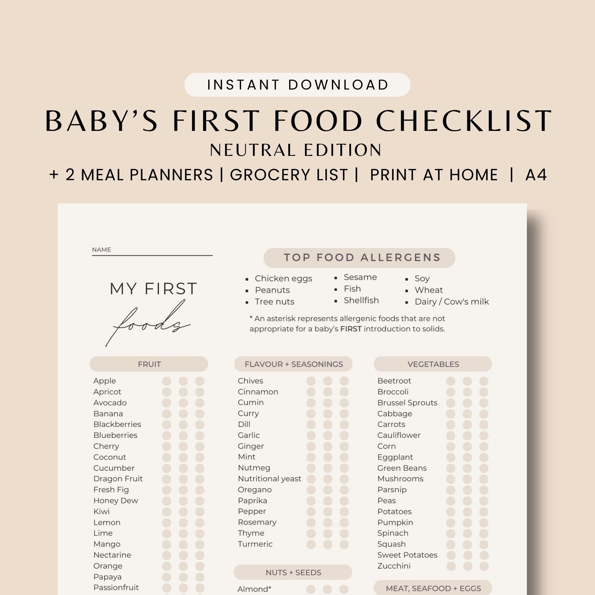 101 Before One First Food Chart Neutral Baby Food Tracker Starting ...