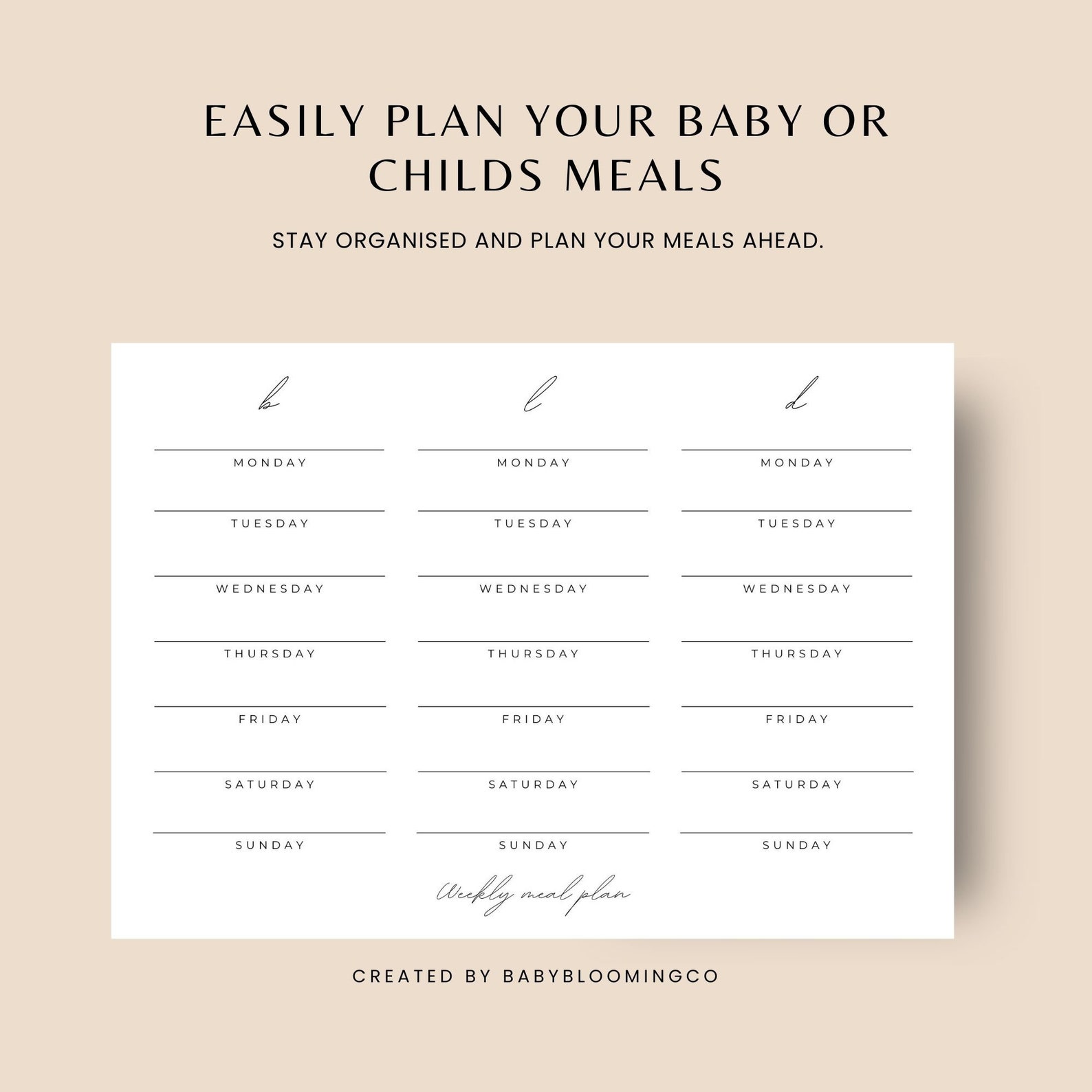 Meal Planner Printable Checklist Family & Baby Led Weaning Chart Infant ...