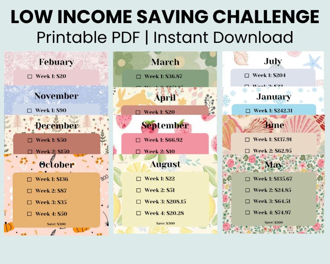 A6 Low Income Savings Challenge Bundle, Monthly Savings Challenge ...