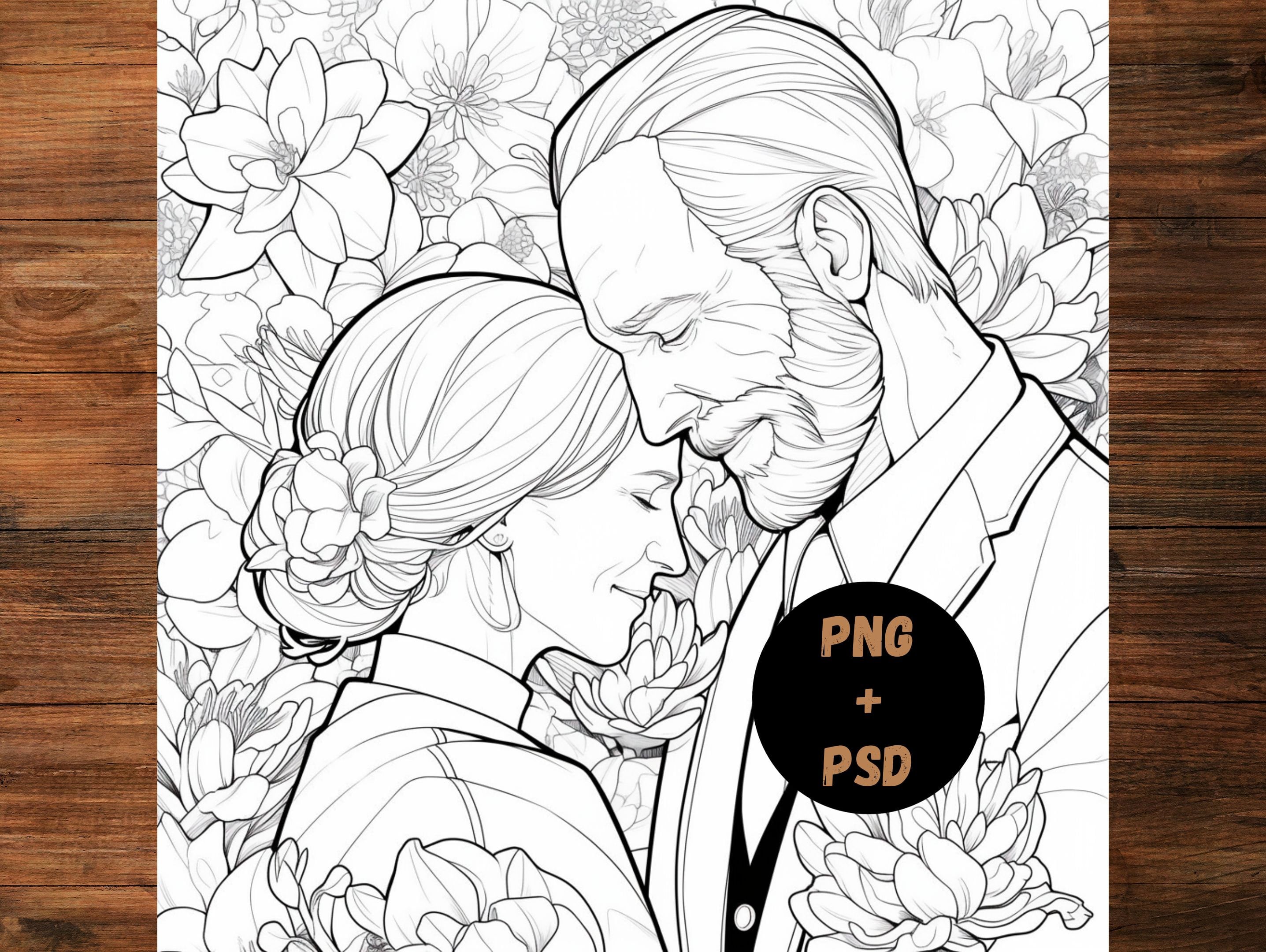 Romantic Couple Printable Coloring Page With Transparent PNG PSD File ...