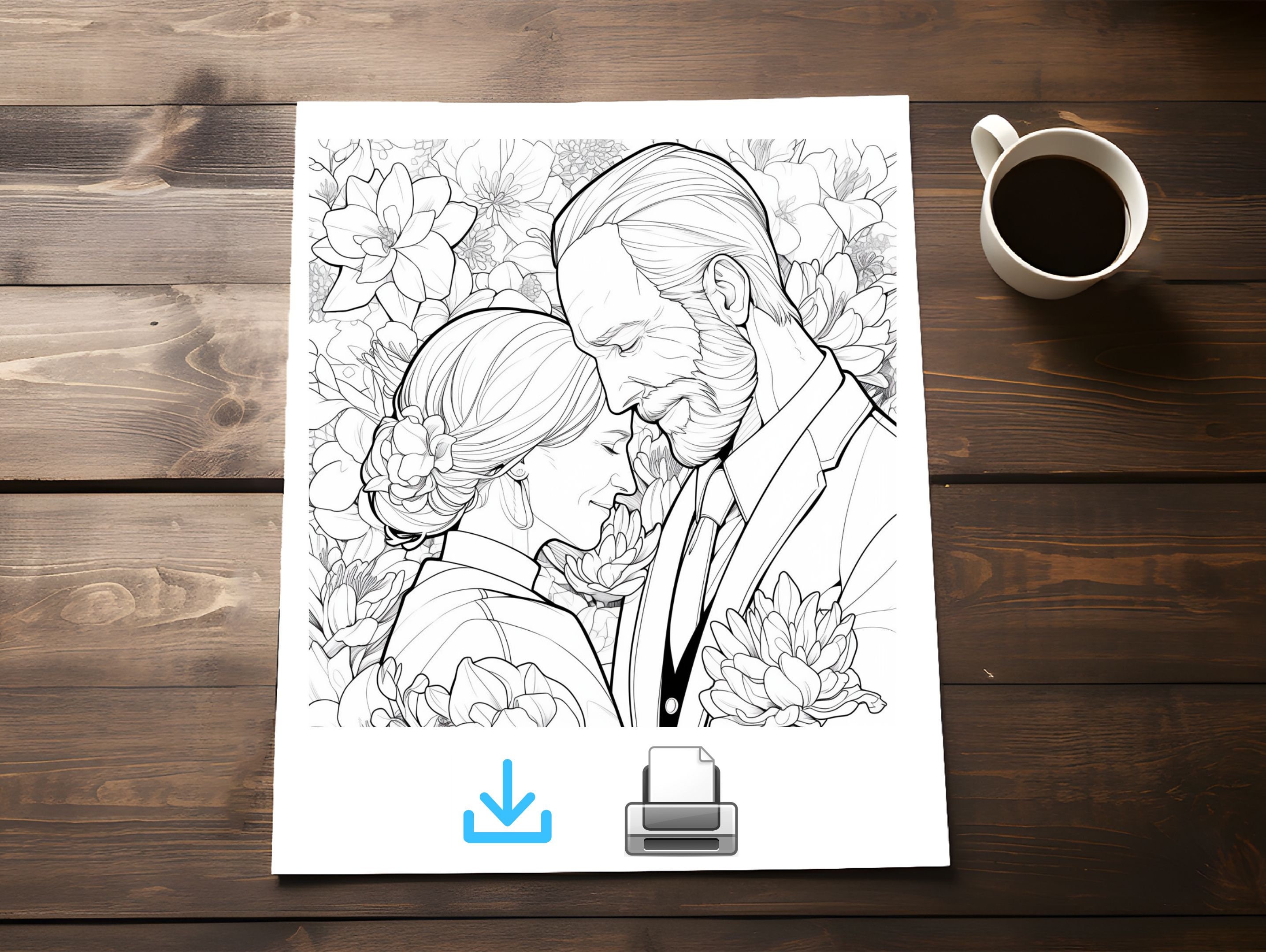 Romantic Couple Printable Coloring Page With Transparent PNG + PSD File ...