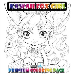 Kawaii Anime Fox Girl Coloring Page for Kids, Chibi Style Line Art ...