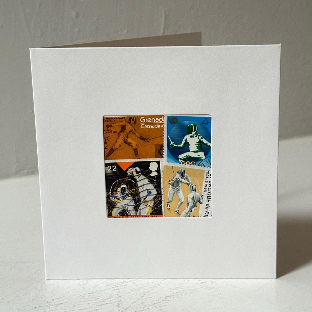 Handmade FENCING Greeting Card - Crafted With Authentic Postage Stamps ...