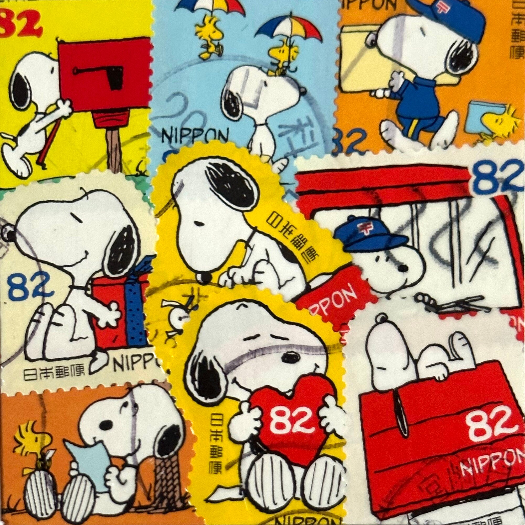Handmade Snoopy / Charlie Brown / Woodstock Greeting Card Crafted With Authentic Postage Stamps ...